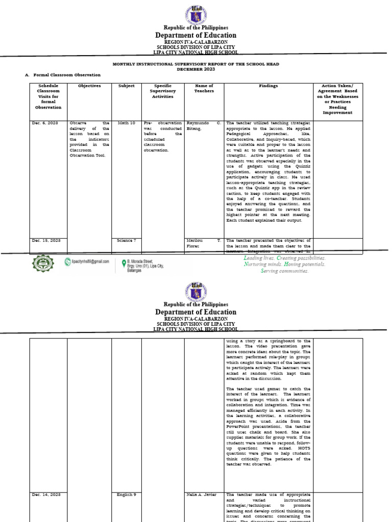 LCNHS December 2023 LCNHS Is Report With Formal Observation | PDF