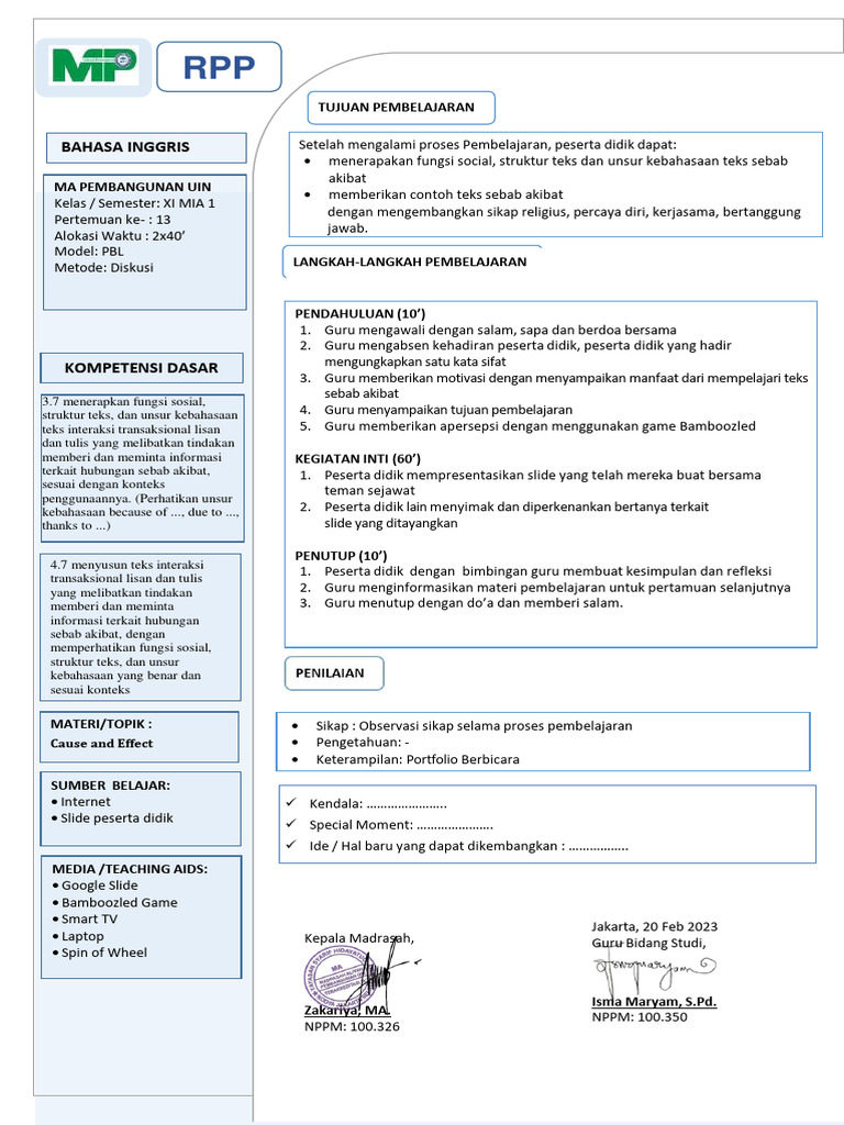 RPP_XI MIA_Cause and Effect_Presentasi | PDF