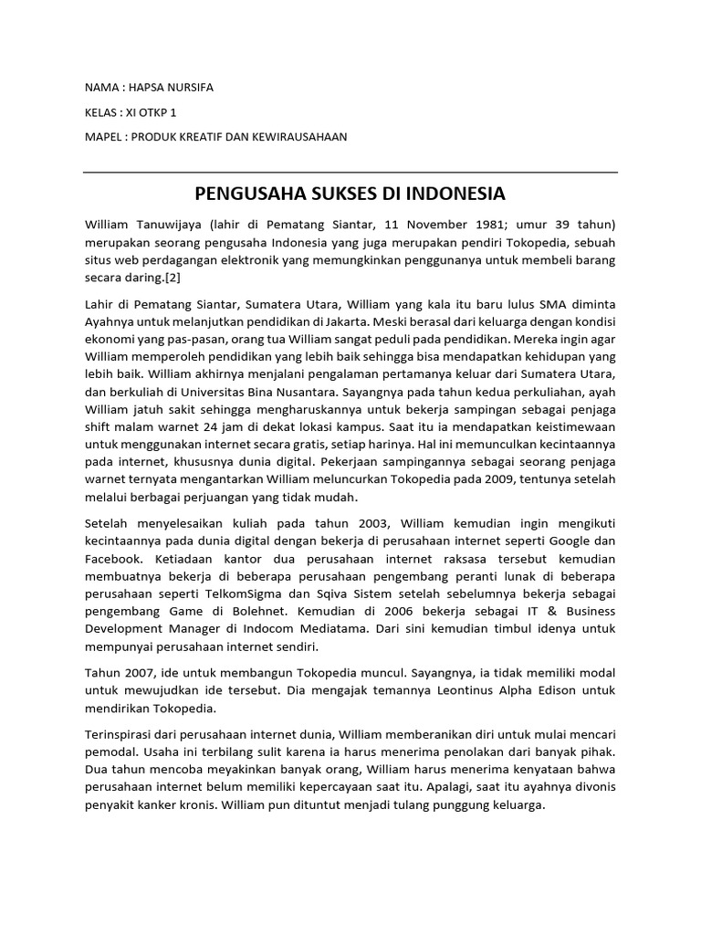 Profil William Tanuwijaya, Pendiri Tokopedia | PDF