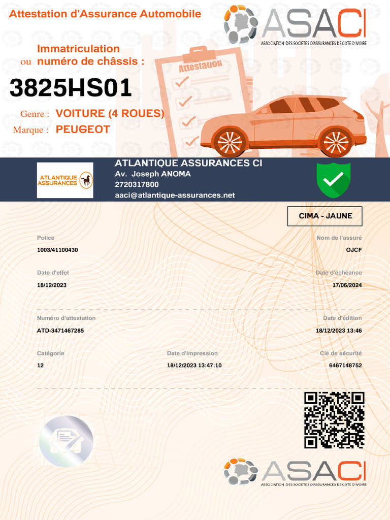 Attestation d'Assurance Automobile 2023 | PDF