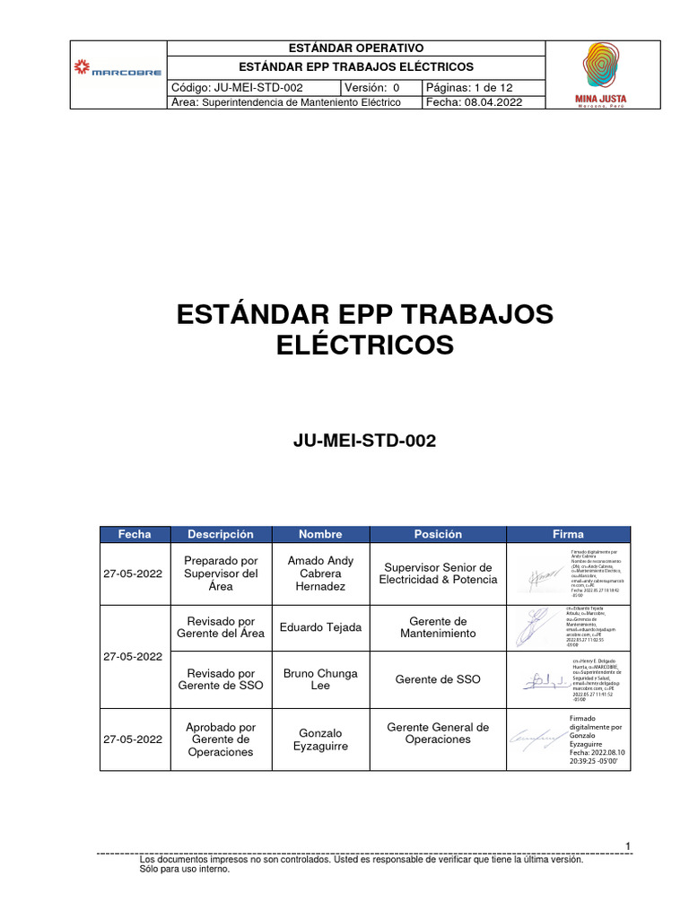 JU-MEI-STD-002.F1 Estandar EPP Trabajos Electricos Rev0 FG | PDF | Electricidad | Ingenieria ...