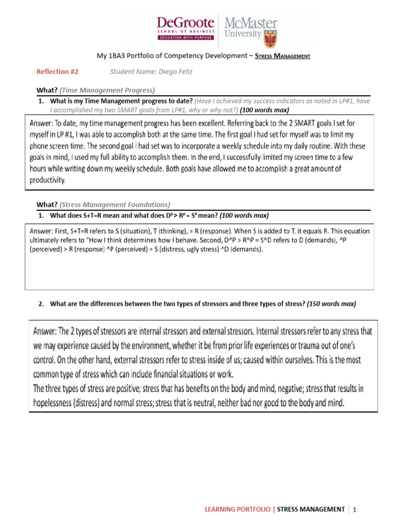 LP Reflection #2 - 1BA3 - Stress Management Template Fall 2023 | PDF
