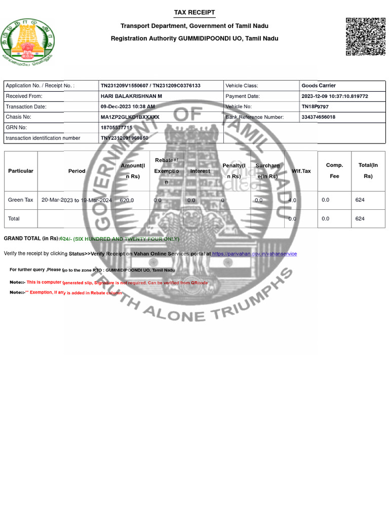 Tamil Nadu Green Tax Receipt 2023 | PDF