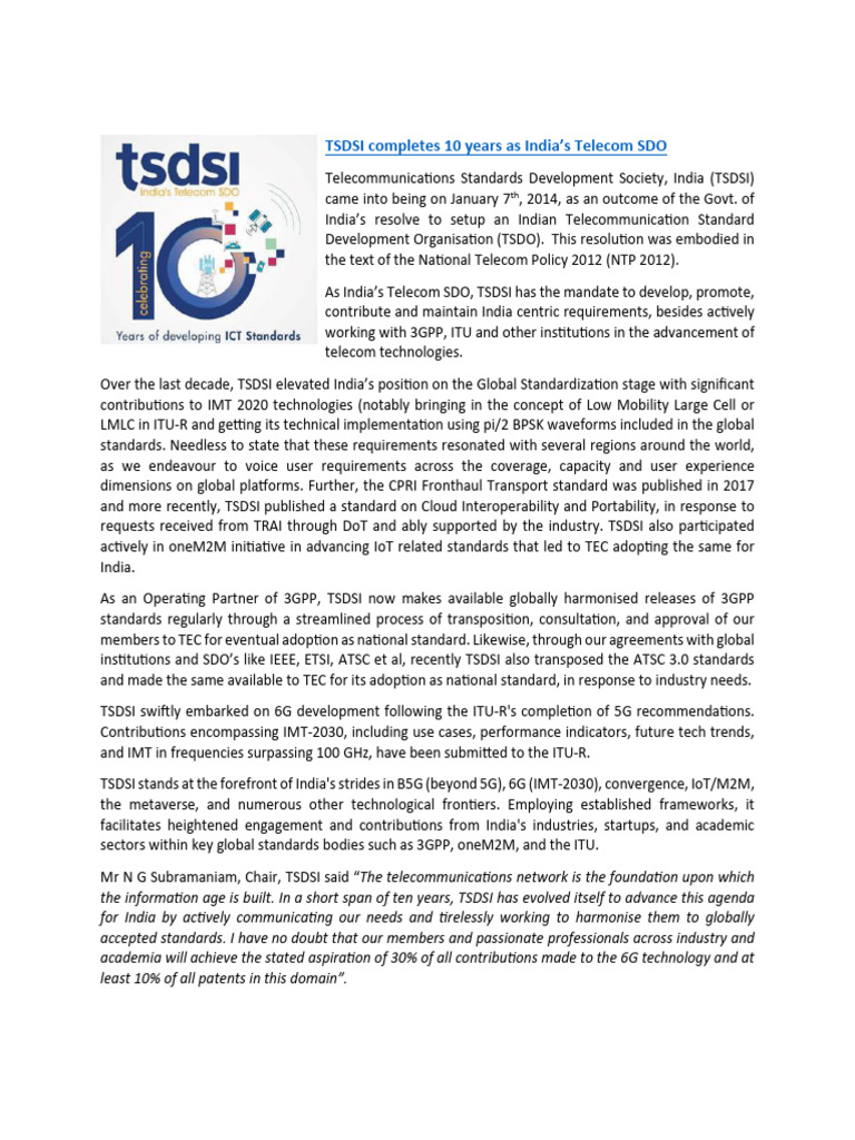 TSDSI Completes 10 Years As India's Telecom SDO Today - 7th Jan 24 ...