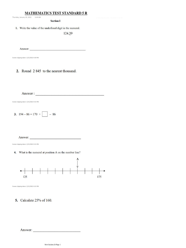 Mathematics Test Standard 5 R | PDF