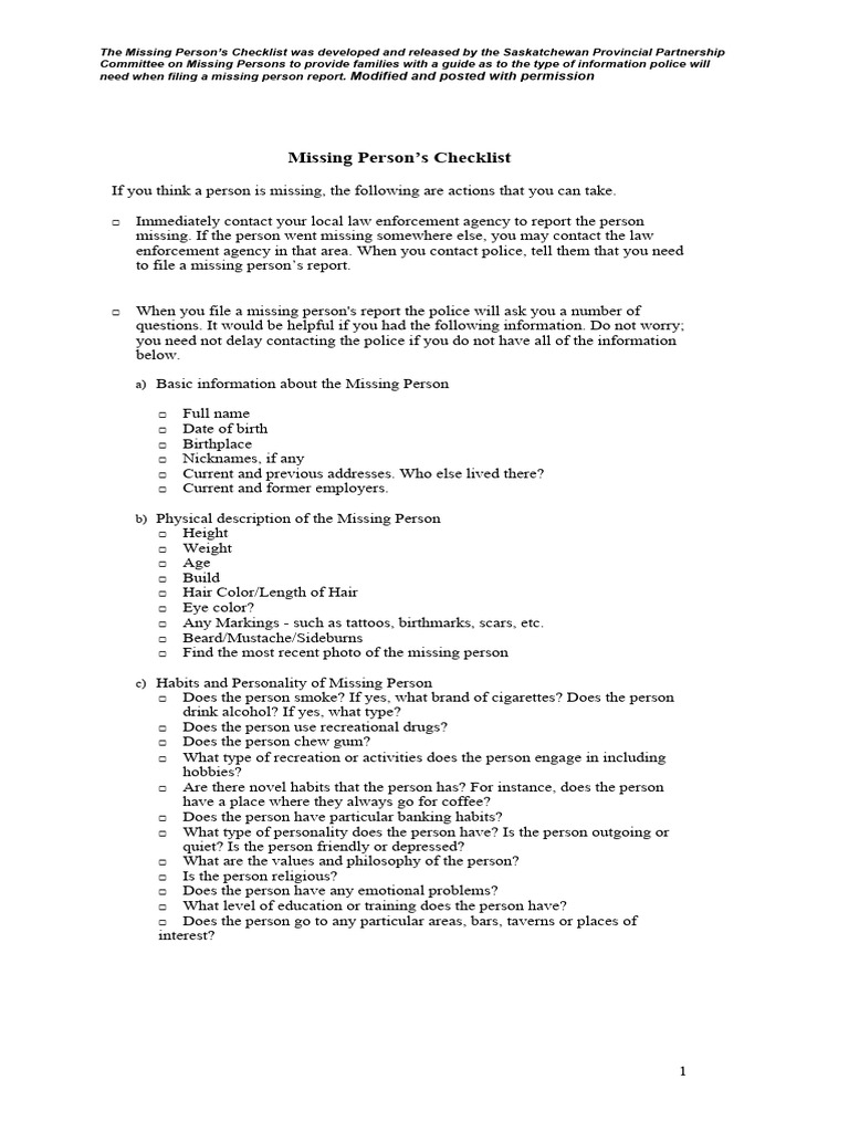Missing Persons Checklist - CCIMA | PDF