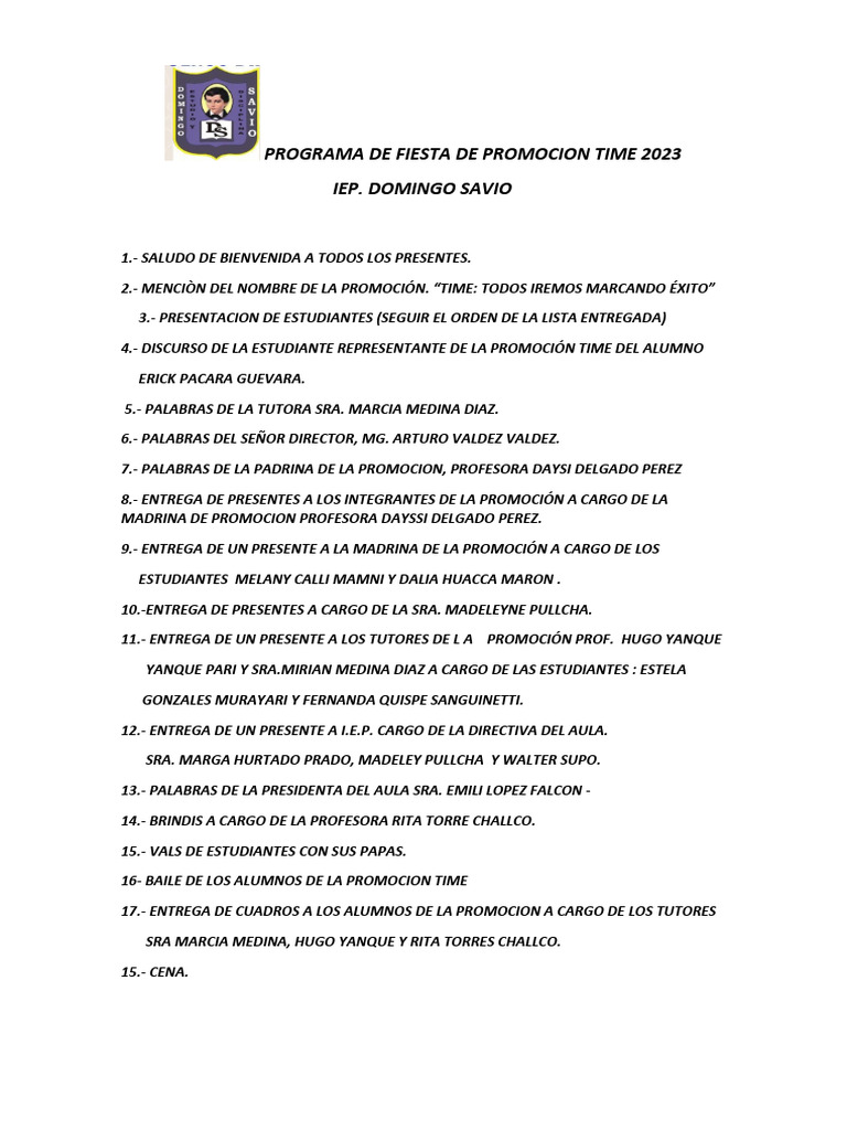 Programa de Fiesta de Promocion Time 2023 | PDF