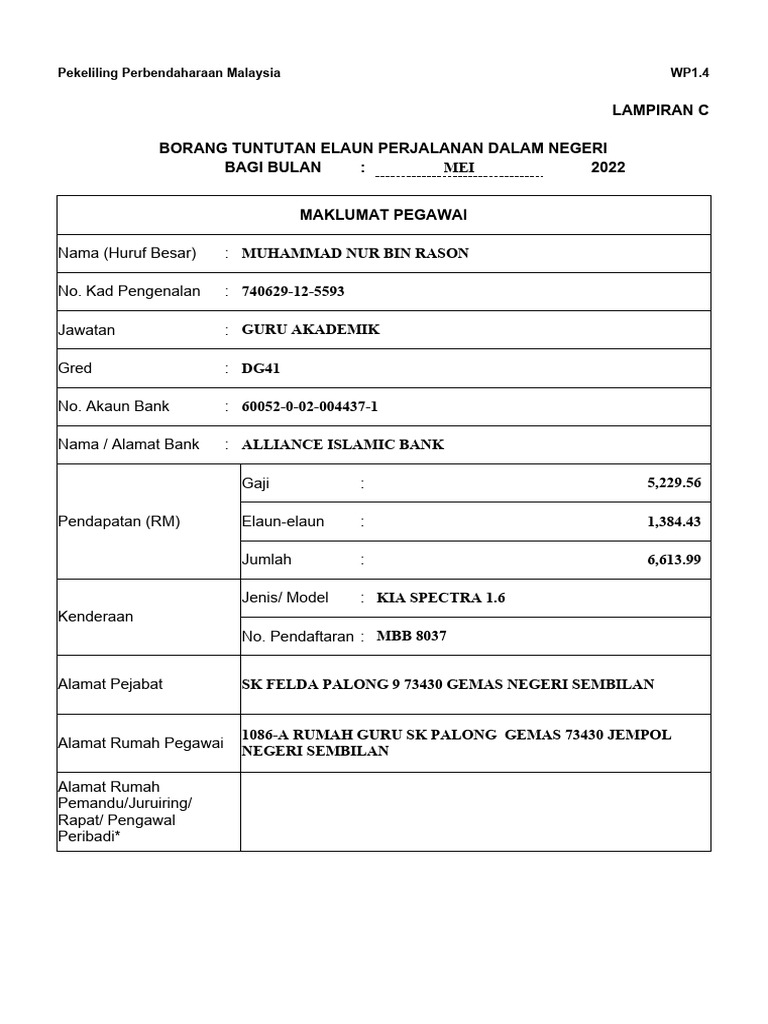 Tuntutan Elaun Perjalanan Mei 2022 | PDF