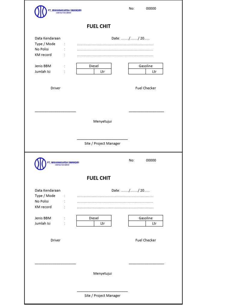Fuel Chit Template for Vehicle Data | PDF