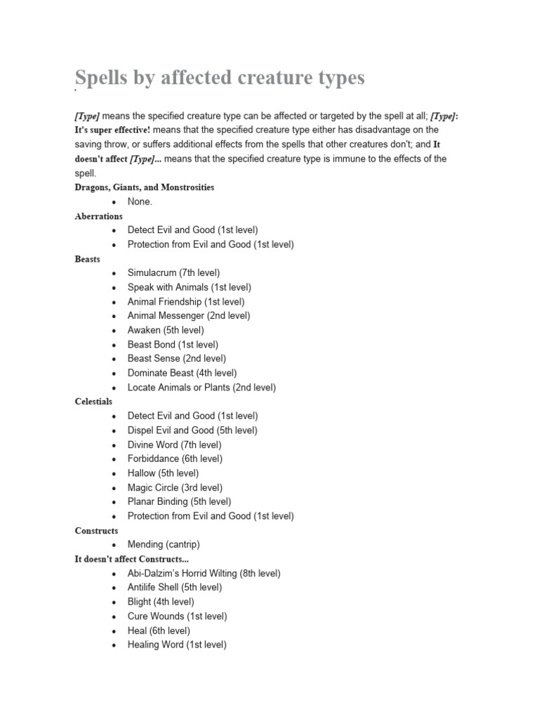 DND 5e Spells by Affected Creature Types | PDF