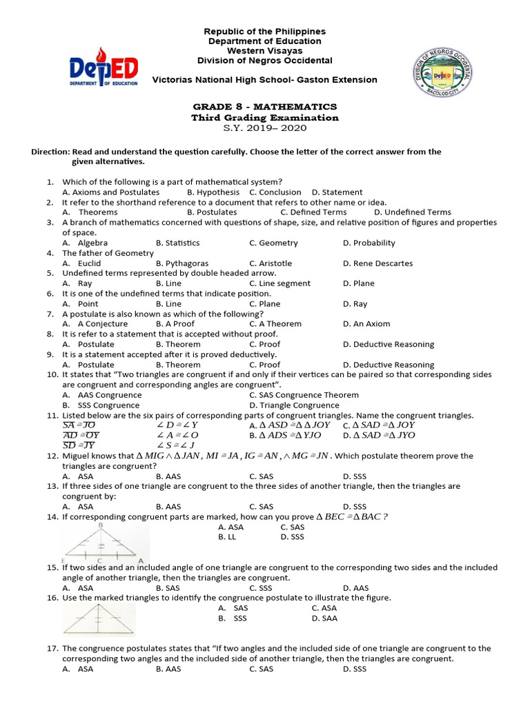 Grade 8 Mathematics Q 3 SY 18-19 EXAM | PDF