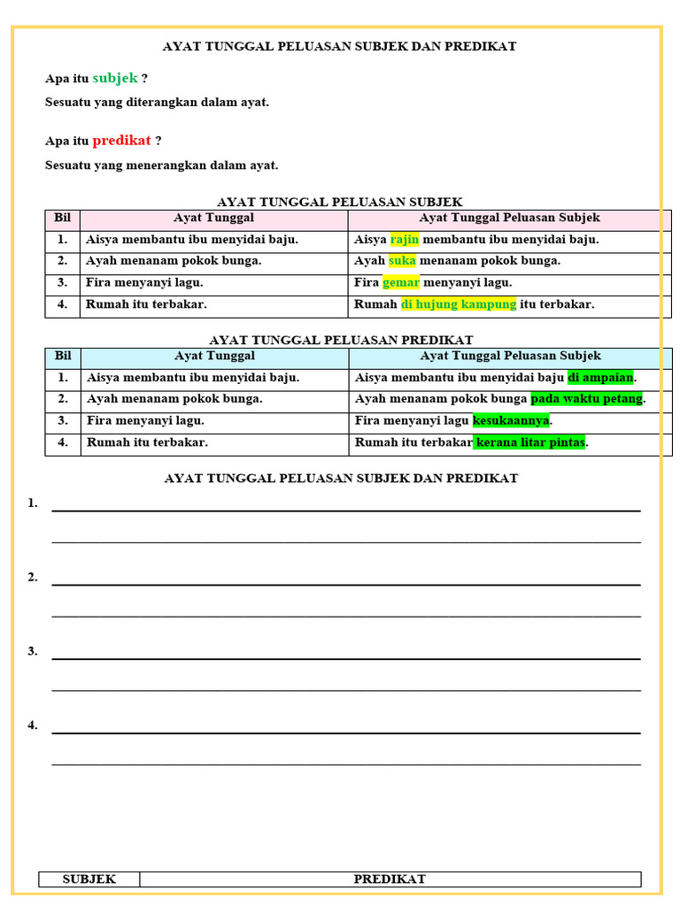 Ayat Tunggal Peluasan Subjek Dan Predikat | PDF
