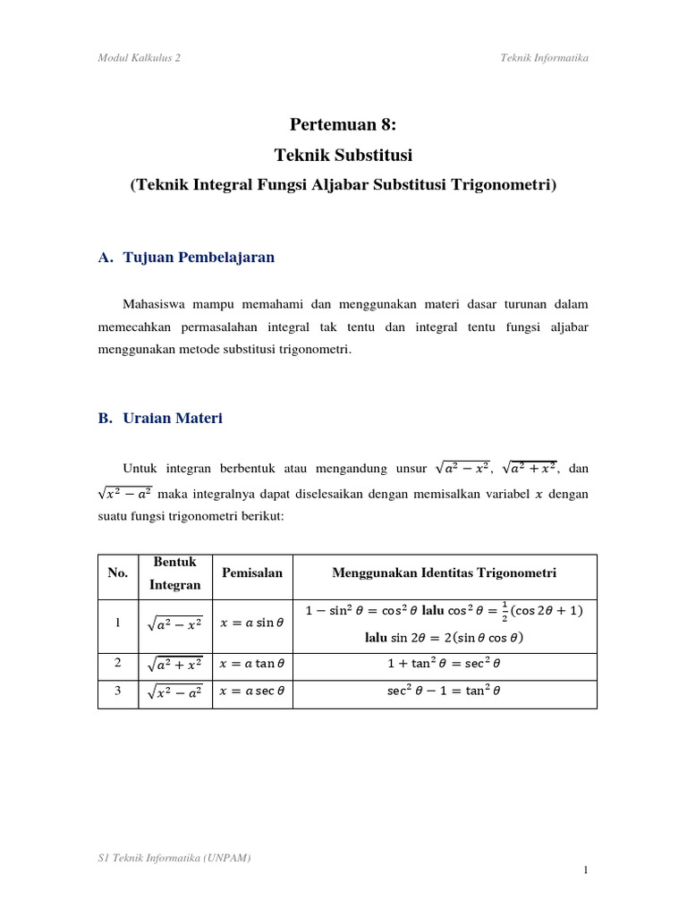 Teknik Integral Fungsi Aljabar Substitusi Trigonometri | PDF