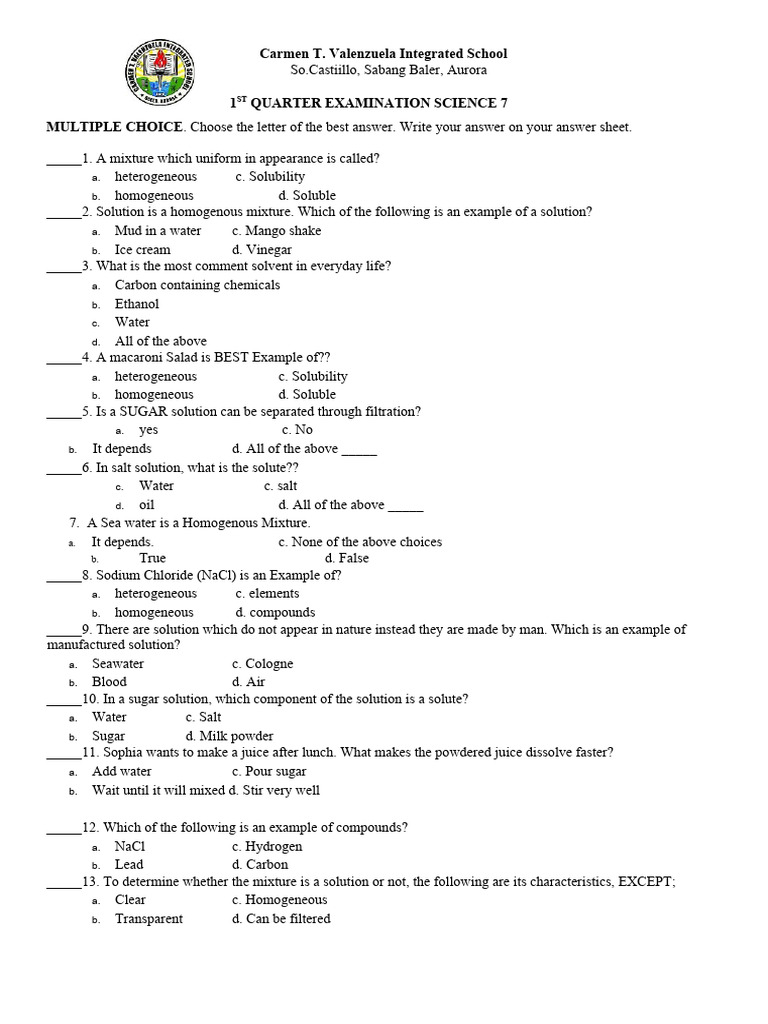 Science 7 1st Quarter Exam | PDF