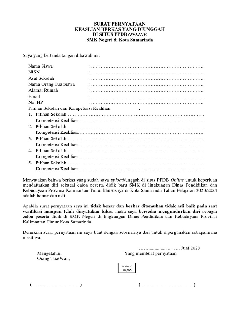 Surat - Pernyataan - Keaslian - Berkas PPDB 2023 | PDF