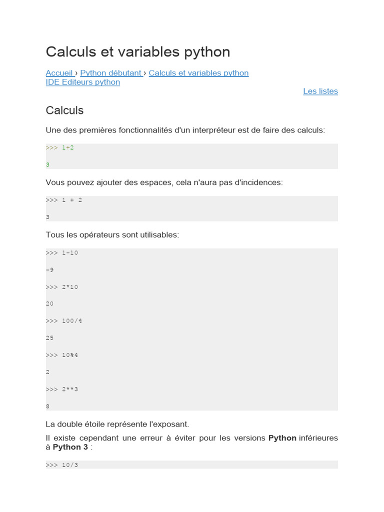 Calculs Et Variables Python | PDF Calculs Et Variables Python | PDF