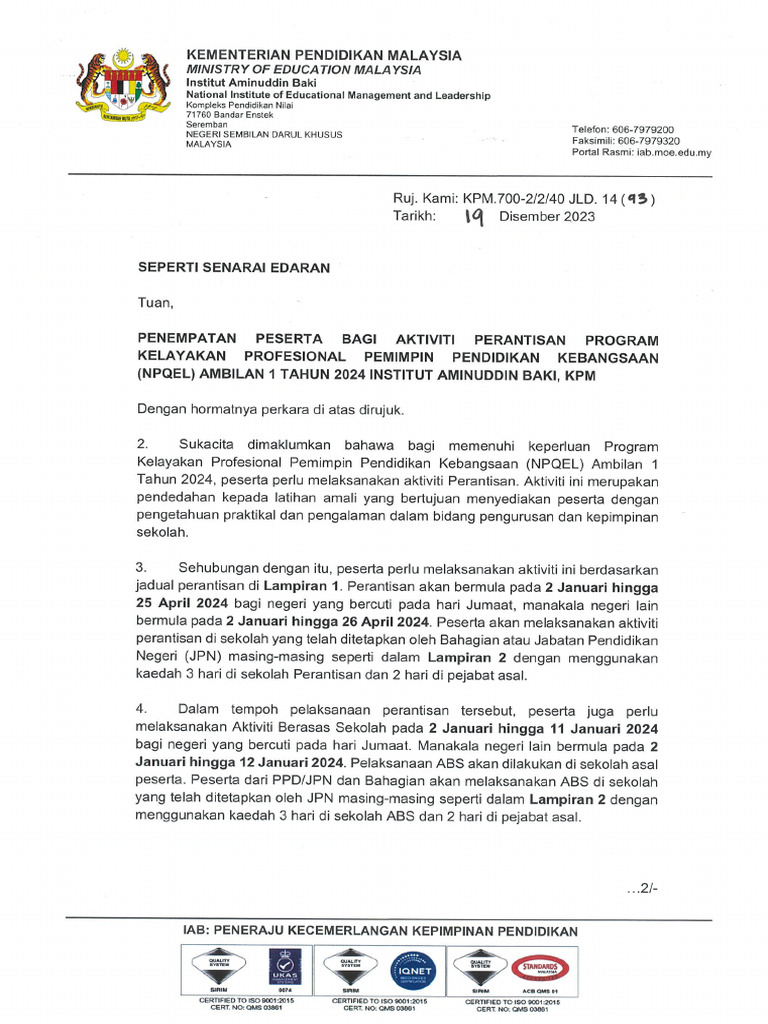 Surat Pelaksanaan Perantisan Ambilan 1 Tahun 2024 (Selangor) | PDF