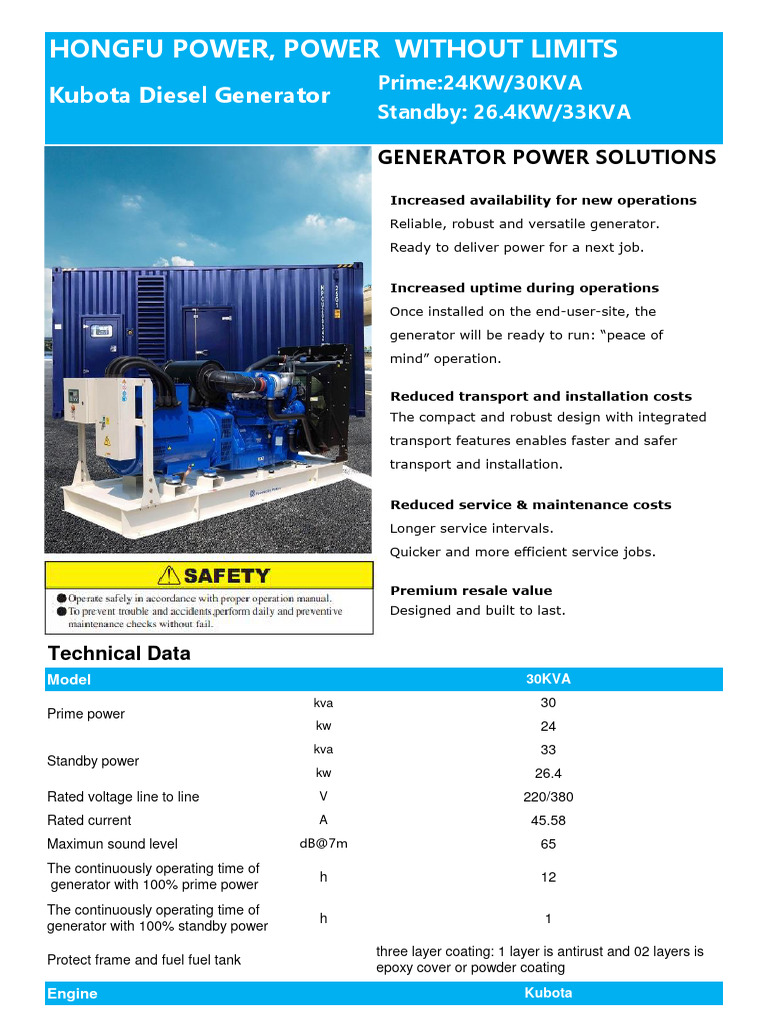 KUBOTA 30KVA GENSET DATASHEET | PDF