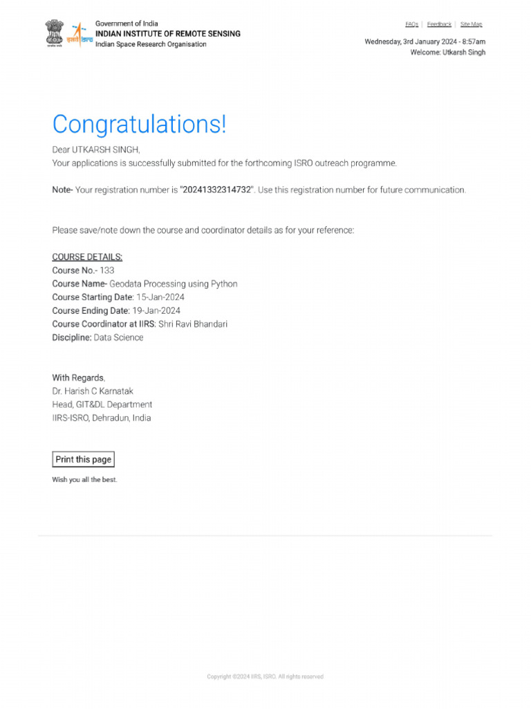 Application For Geo Data Processing Isro Certificate | PDF