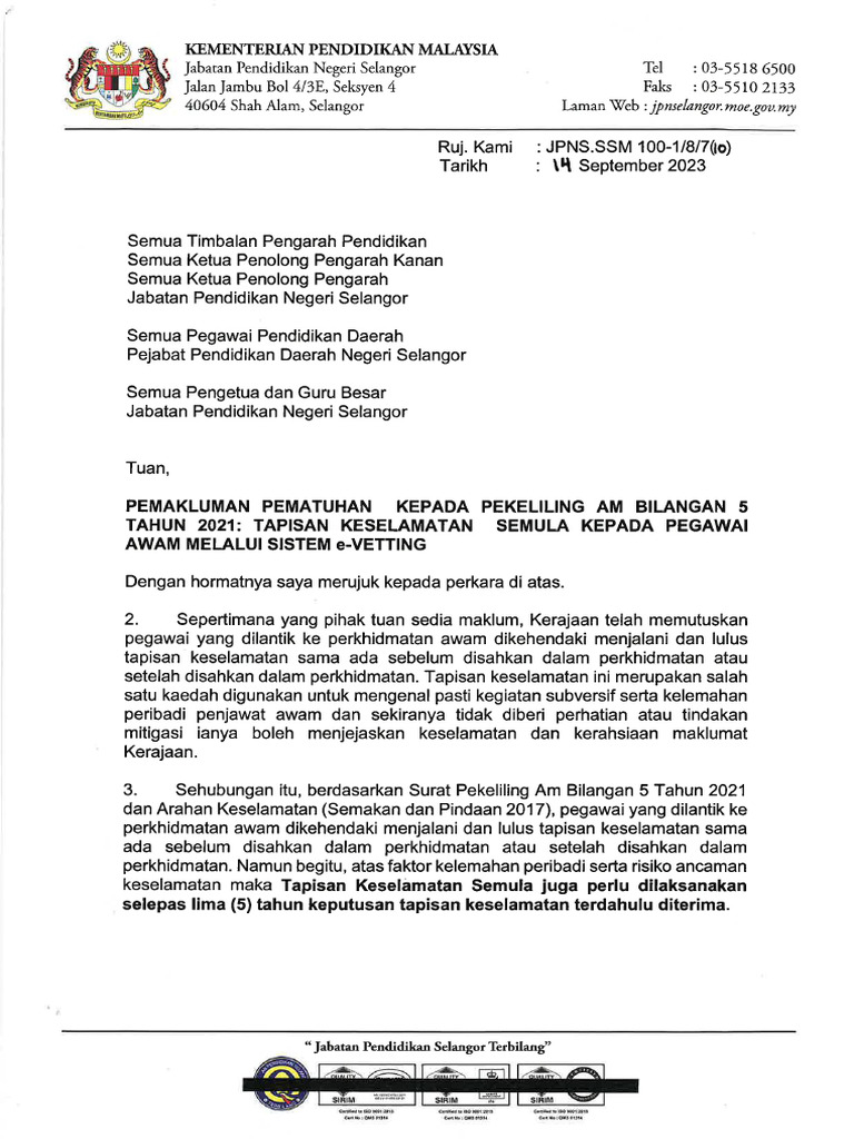 Pemakluman Pematuhan Kepada Pekeliling Am Bilangan 5 Tahun 2021 Tapisan ...