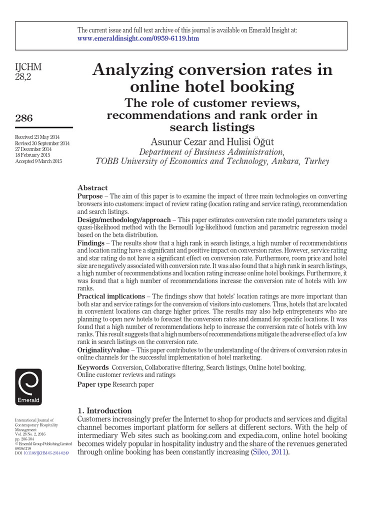 Analyzing Conversion Rates in Online Hotel Booking (Cezar & Ogut) | PDF