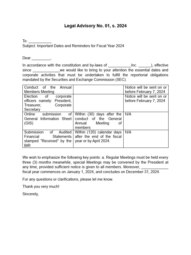 Sample Template - Legal Advisory No 01 - Start of The Year | PDF ...