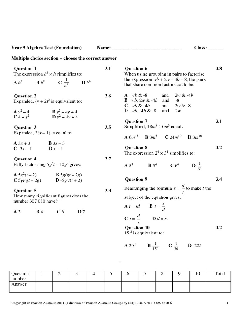 ch3 - Algebra Test A (Foundation) | PDF | Sun | Factorization