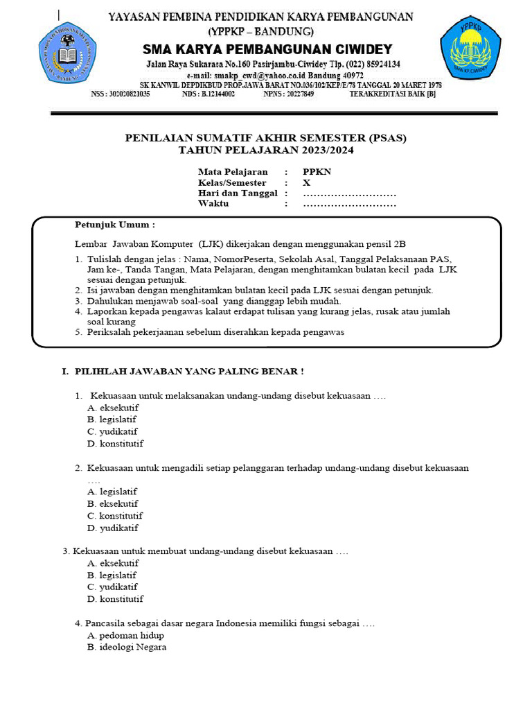 Soal Psas PPKN Kelas X Sma KP Ciwidey | PDF | Politik | Ilmu Sosial