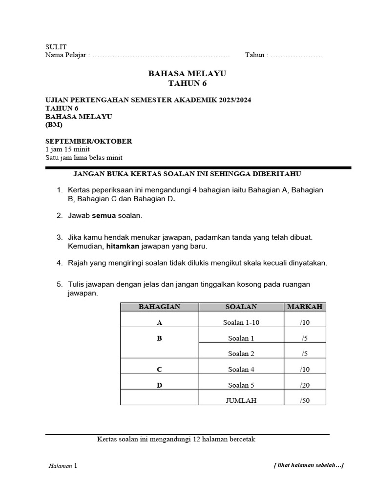 Soalan BM Tahun 6 | PDF