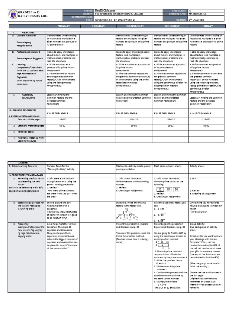 DLL - Mathematics 4 - Q2 - W2 | PDF