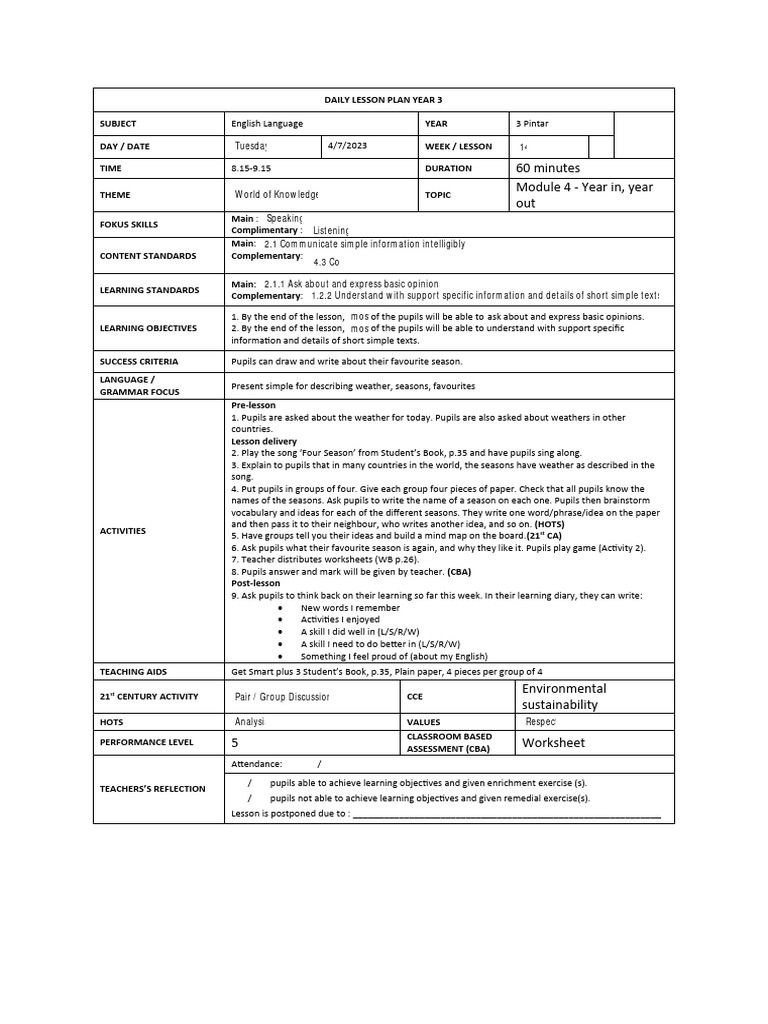 Year 3 English Lesson Plan: Module 4 | PDF | Language Arts & Discipline