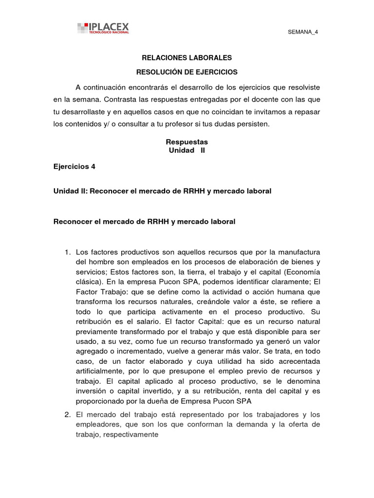 Respuestas Unidad II Ejercicios 4: Relaciones Laborales Resolución de ...