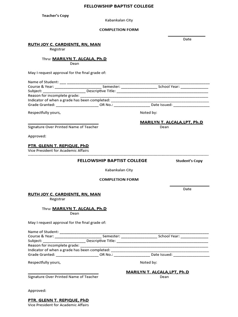 Completion Form for Incomplete Grades | PDF