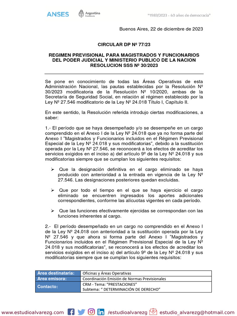 Circular Dp-077-2023 Regimen Previsional para Magistrados y ...