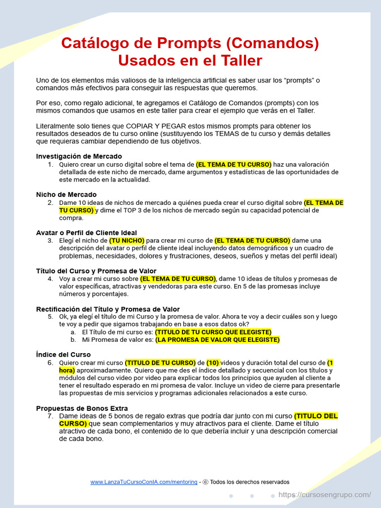 1 Catálogo de Prompts (Comandos) Taller Crea Tu Curso en 60 Minutos | PDF