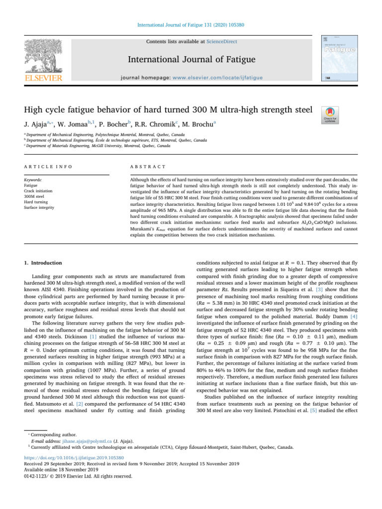 High Cycle Fatigue Behavior of Hard Turned 300 M Ultra-High Strength ...