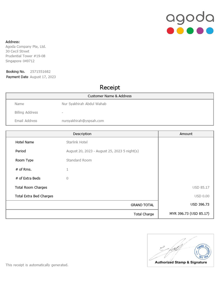 Hotel Receipt Starlink | PDF