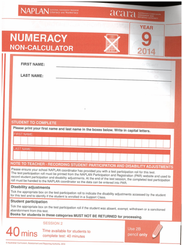Year 9 Naplan Maths 2014 Non Calculator Paper | PDF