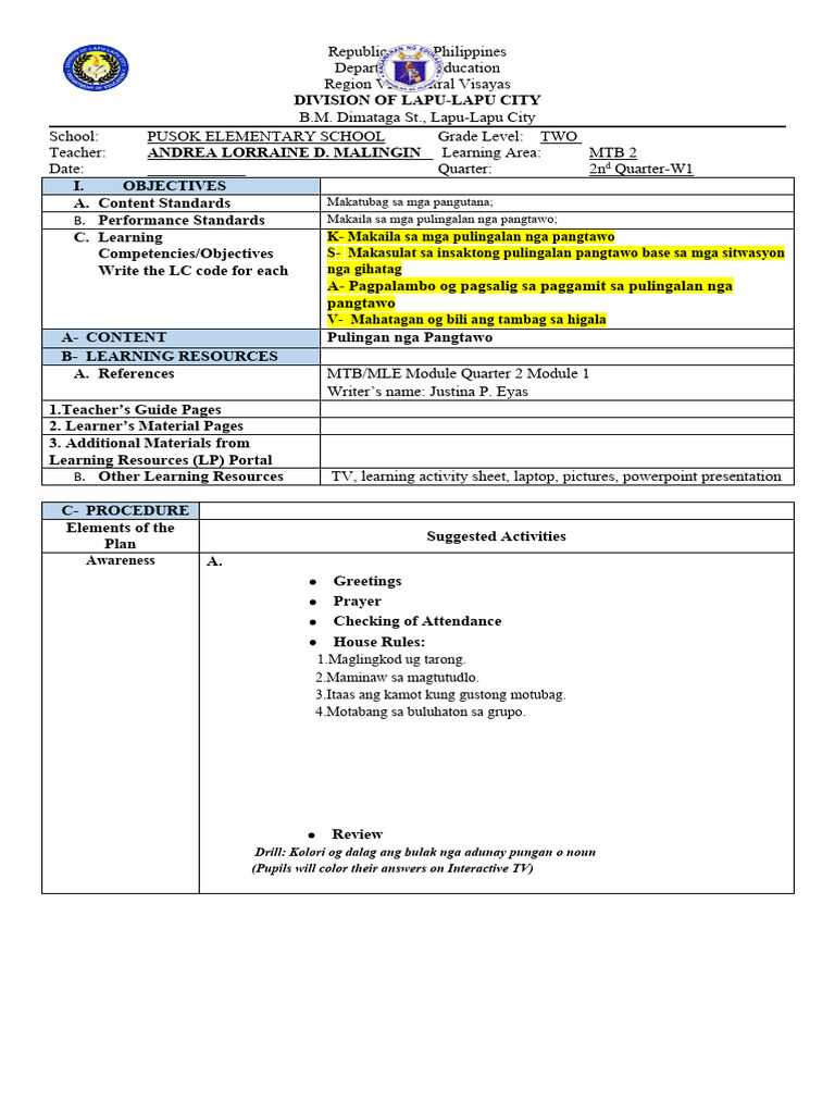 Lesson Plan in MTB Q2W1 | PDF