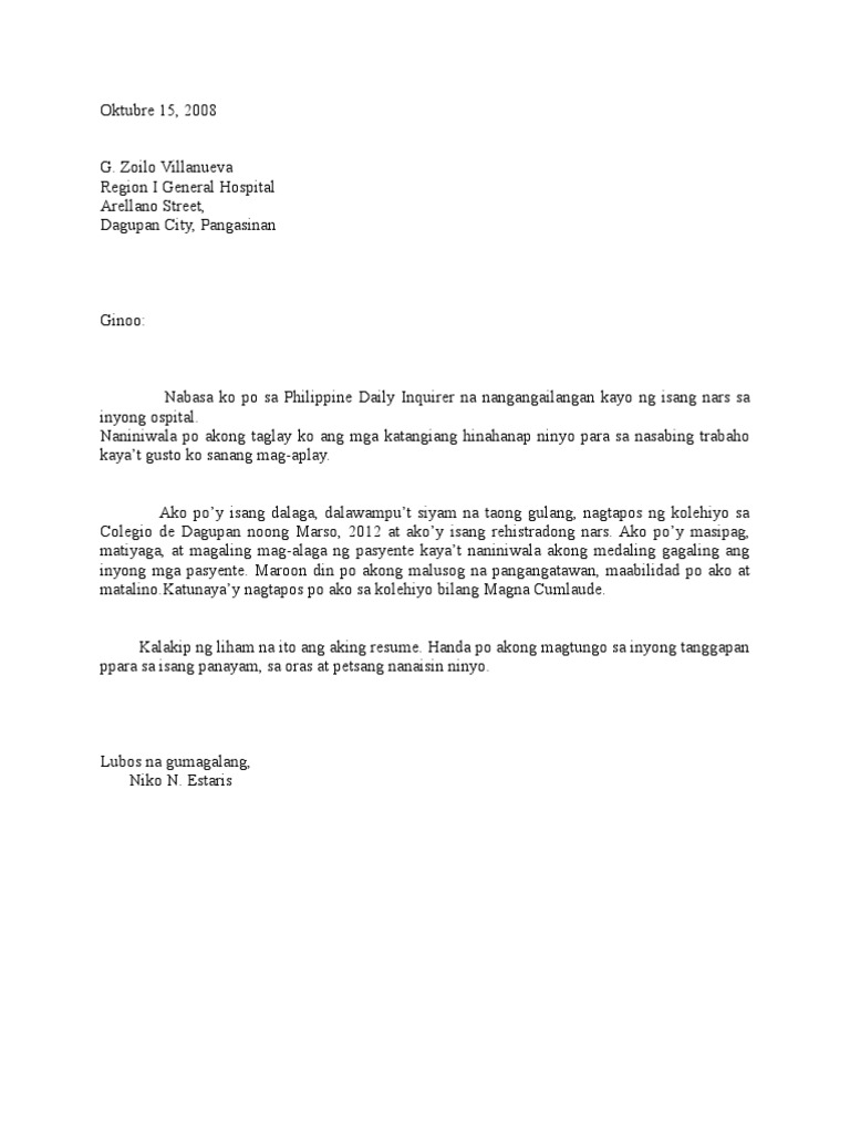 Application Letter Tagalog | PDF