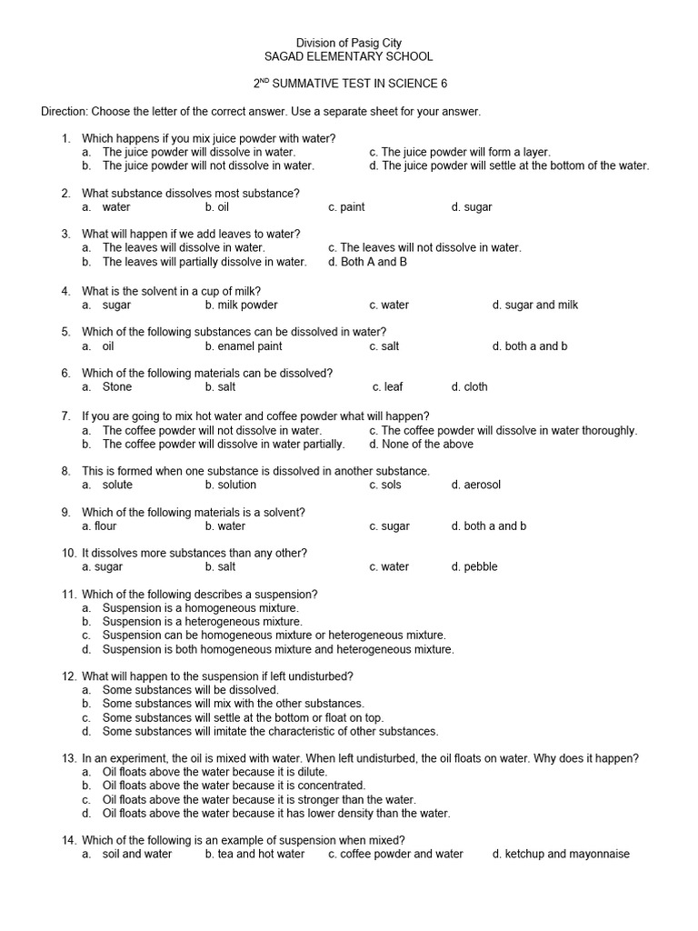 Science 6 2ND Summative Test Q1 | PDF | Suspension (Chemistry) | Mixture