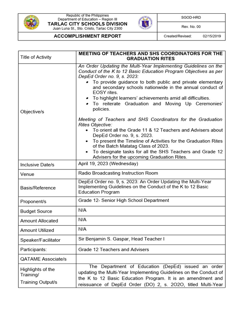 Meeting On The Preparation of Graduation Rites | PDF | Asia | Philippines