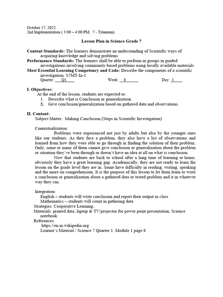 Grade 7 Science: Drawing Conclusions | PDF