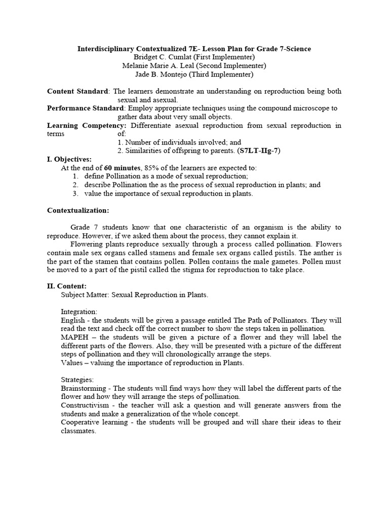 Grade 7 Lesson Plan: Plant Reproduction | PDF | Science & Mathematics