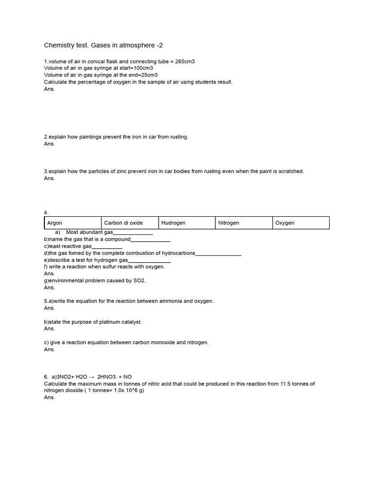 Chemistry Test: Gases and Reactions | PDF | Science & Mathematics