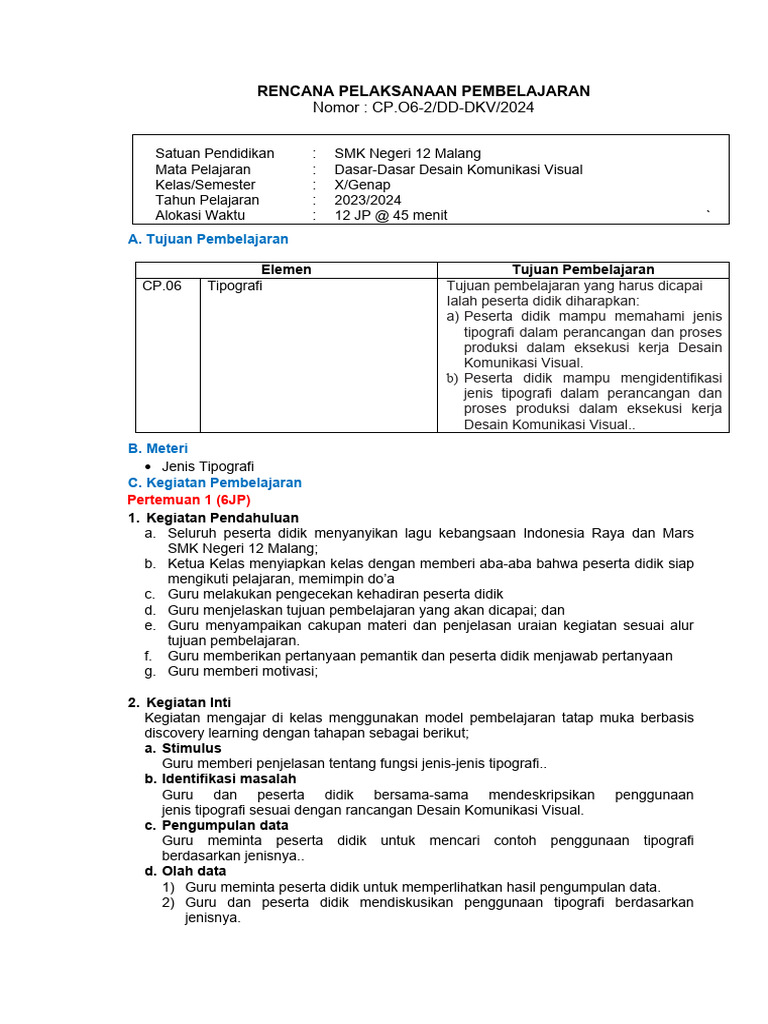 Rencana Pelaksanaan Pembelajaran DPK-DKV CP.06-2 | PDF