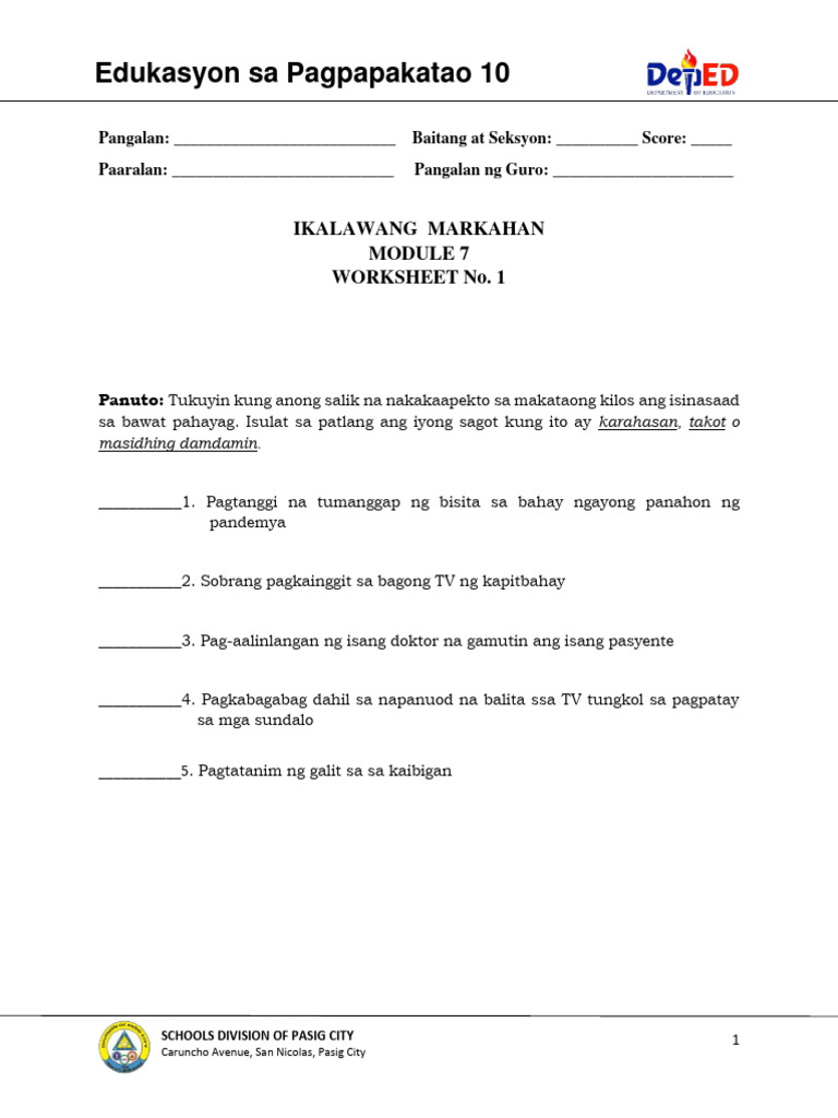 EsP 10 Q2 G.Pagsasanay 7 | PDF
