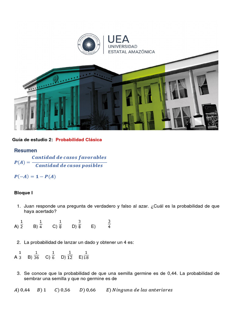 Guía de Estudio 2 - Ejercicios de Probabilidad Clásica | PDF