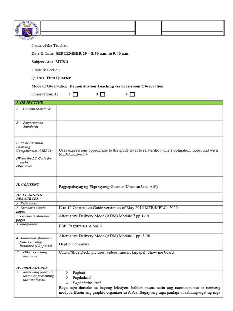 Cot2 - Lesson Plan in MTB - 1ST Quarter | PDF