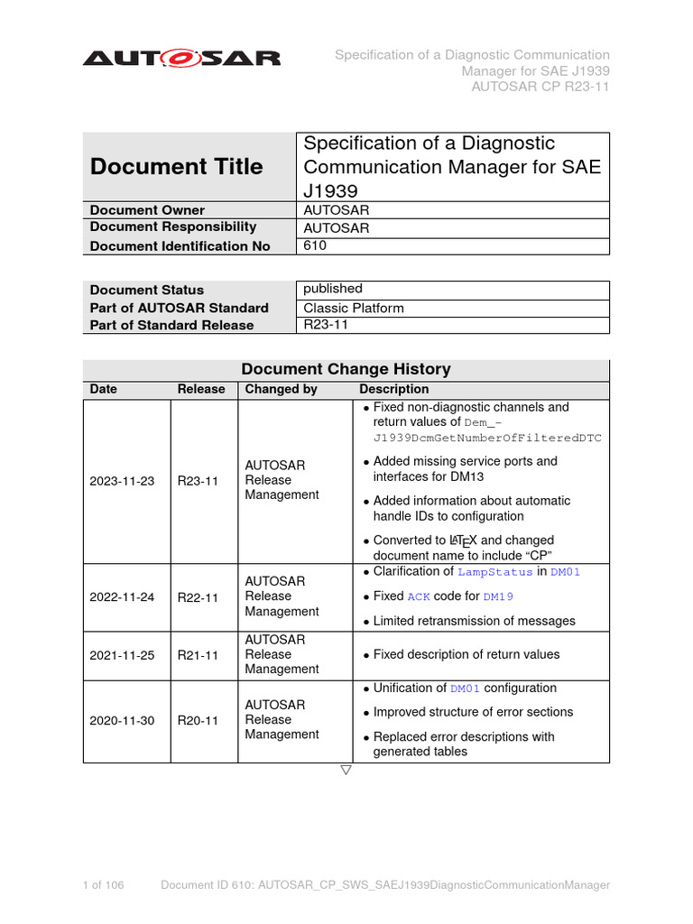 AUTOSAR CP SWS SAEJ1939DiagnosticCommunicationManager | PDF